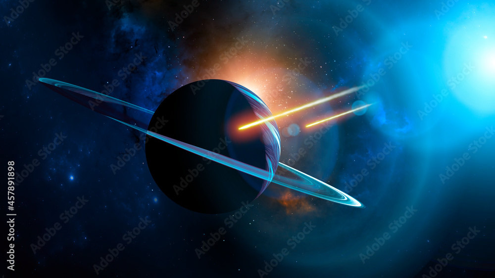 Illustration Stock Planet with rings and comets, meteorite asteroids ...
