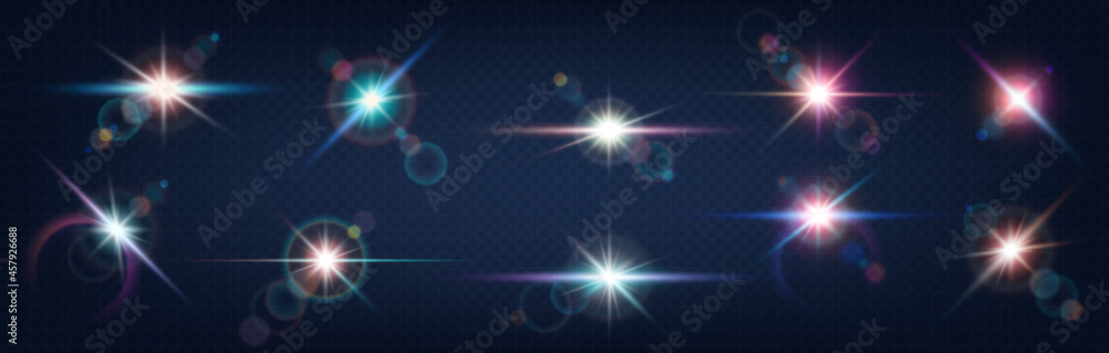 Realistic glowing lens flare light effect with stars and sparkles bursts on blue sky background ...