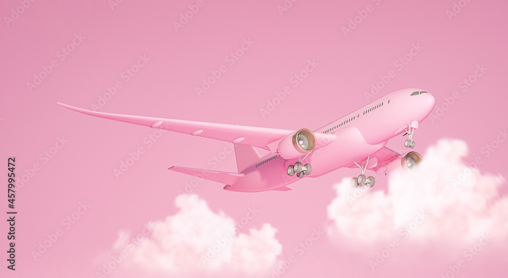 Pastel pink plane flying in the sky with clouds. Plane take off and ...