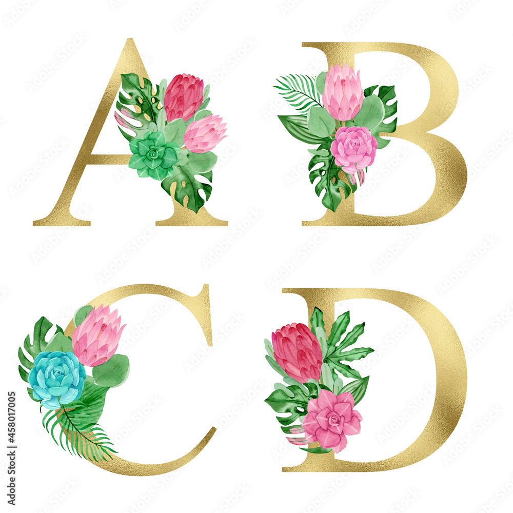 Illustration Stock Watercolor Gold Floral Alphabet Set with tropical ...