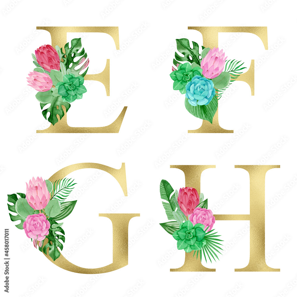 Watercolor Gold Floral Alphabet Set with tropical flowers, palm leaves ...