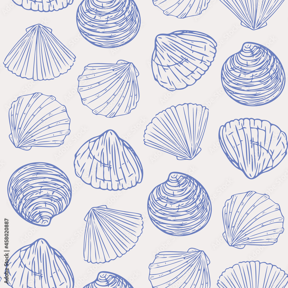 Pattern with seashells, doodle hand-drawn sea symbols.Seamless ...