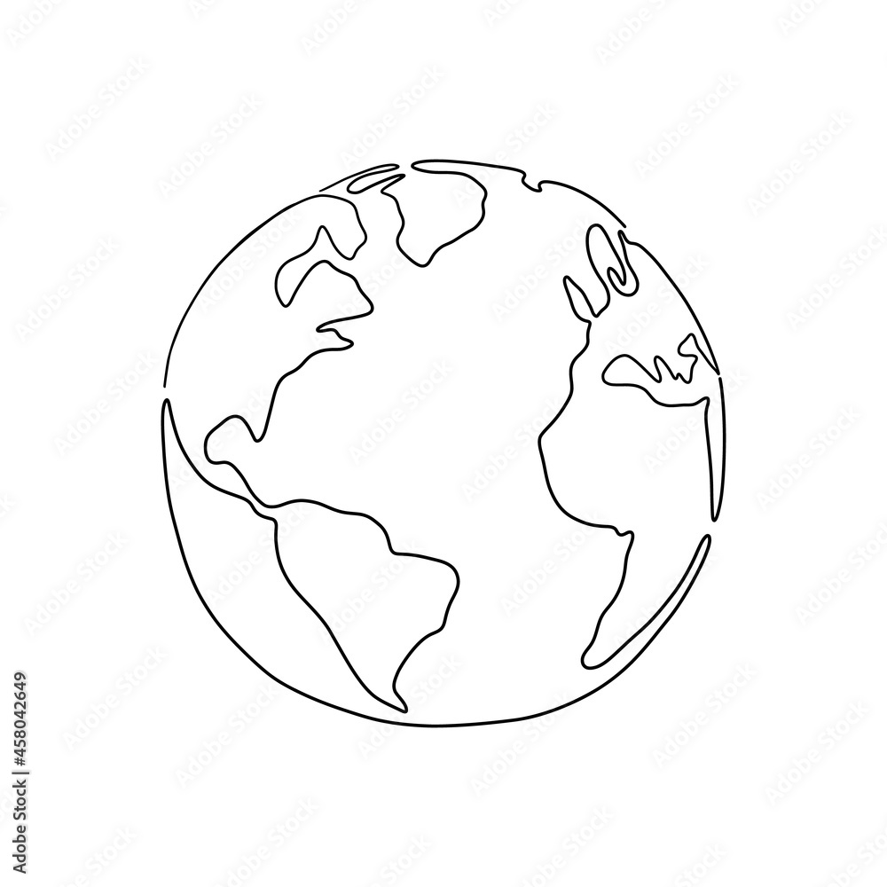 One line planet earth. Minimal continuous doodle line globe, simple ...