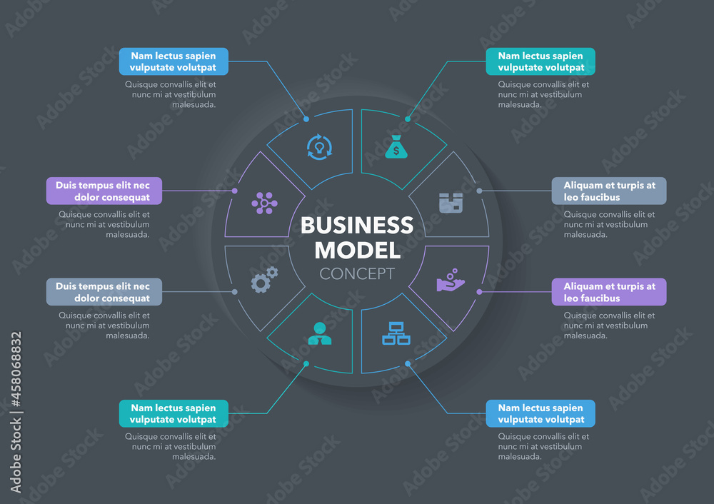 Modern concept for business model diagram with eight steps and place ...
