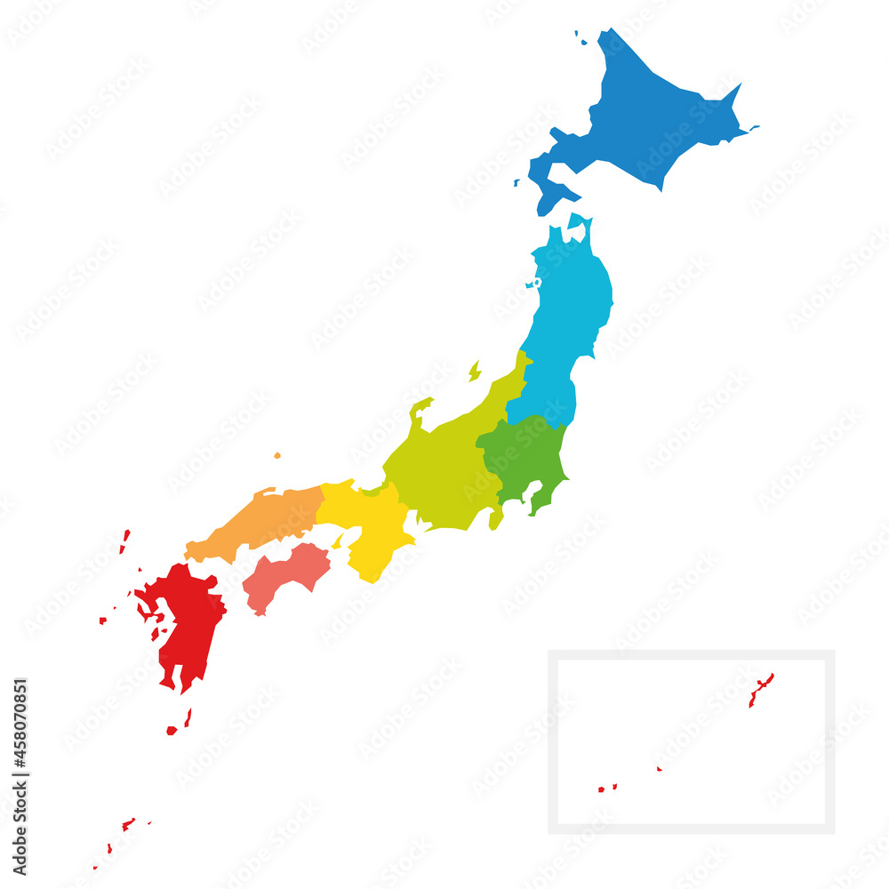 Colorful political map of Japan divided into regions by color. Simple ...