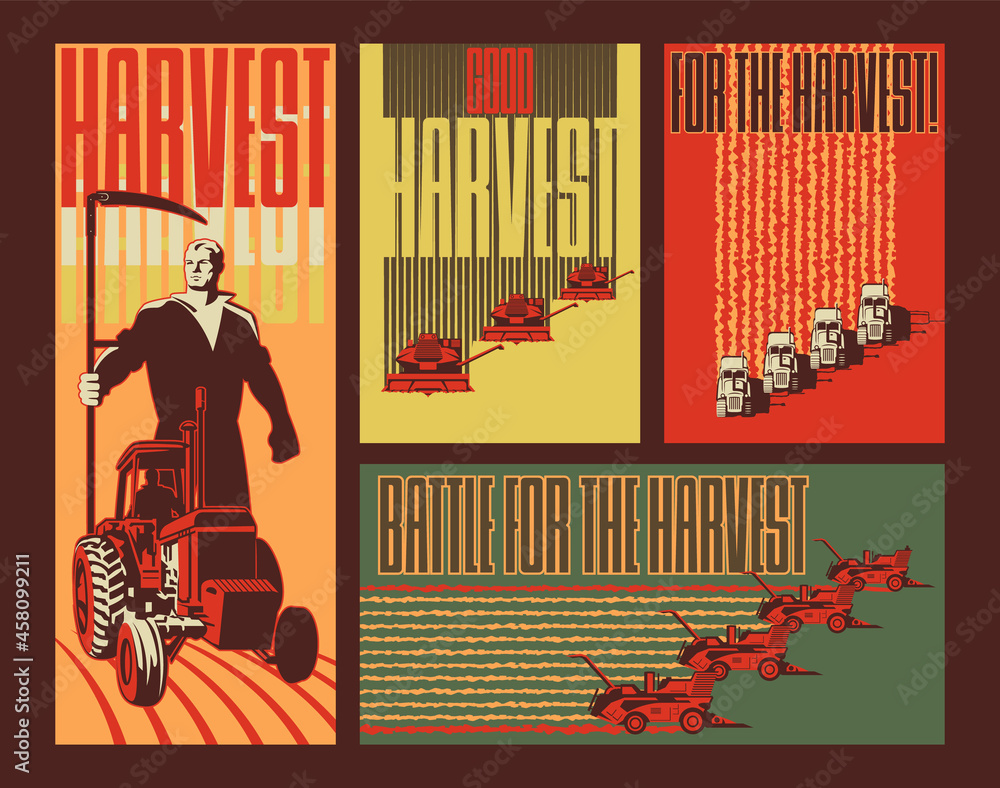 Harvesting Propaganda Poster Set, Peasant, Harvesters, Tractors Stock ...