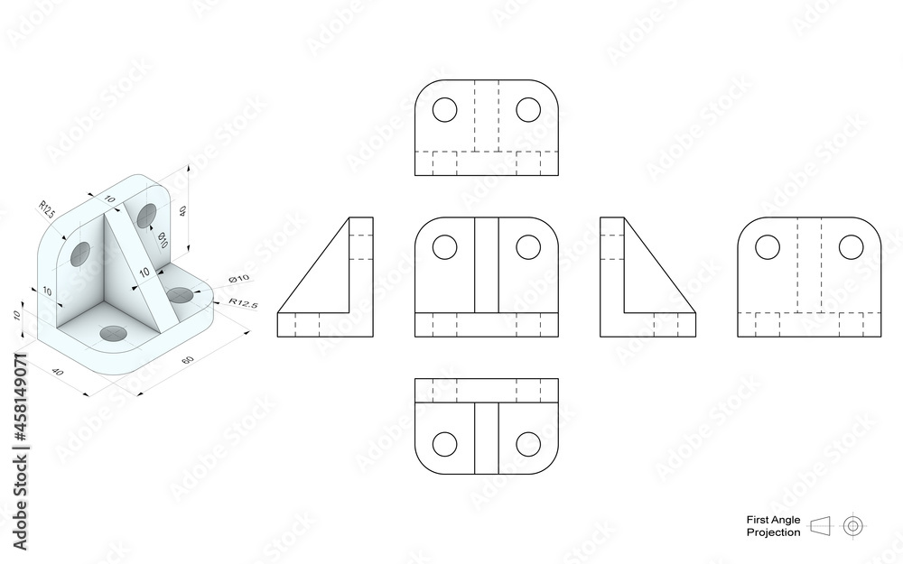 Technical drawing of a 3D model with a perspective and orthogonal views. First angle projection ...