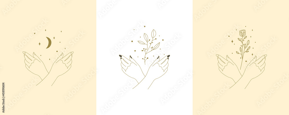 feminine Beauty boho logo collection with magical hand, nails, rose ...