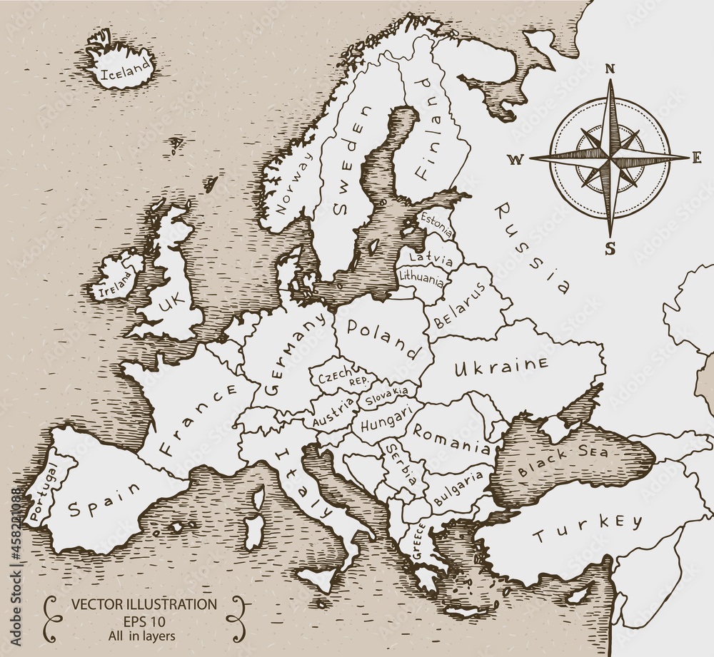 Vintage Map of Europe. Hand drawn vector illustration. Stock Vector ...