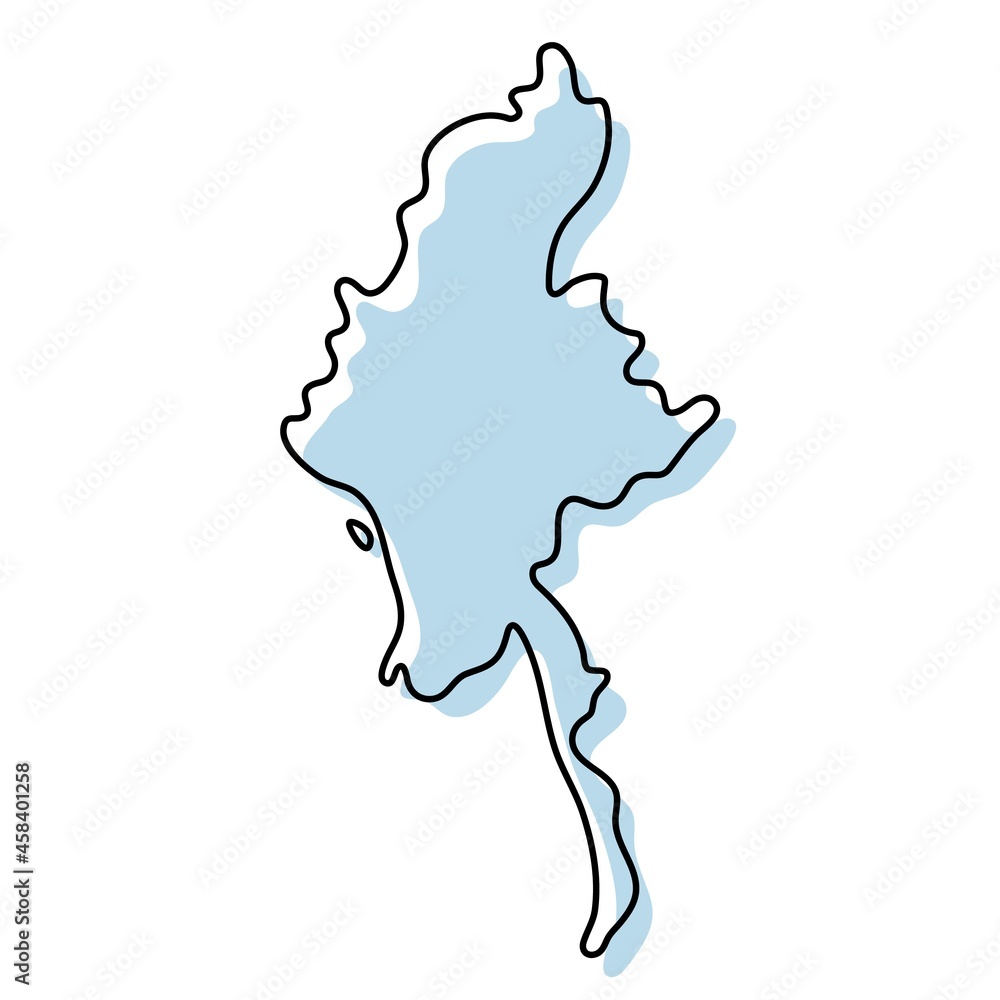 Stylized simple outline map of Myanmar icon. Blue sketch map of Myanmar ...