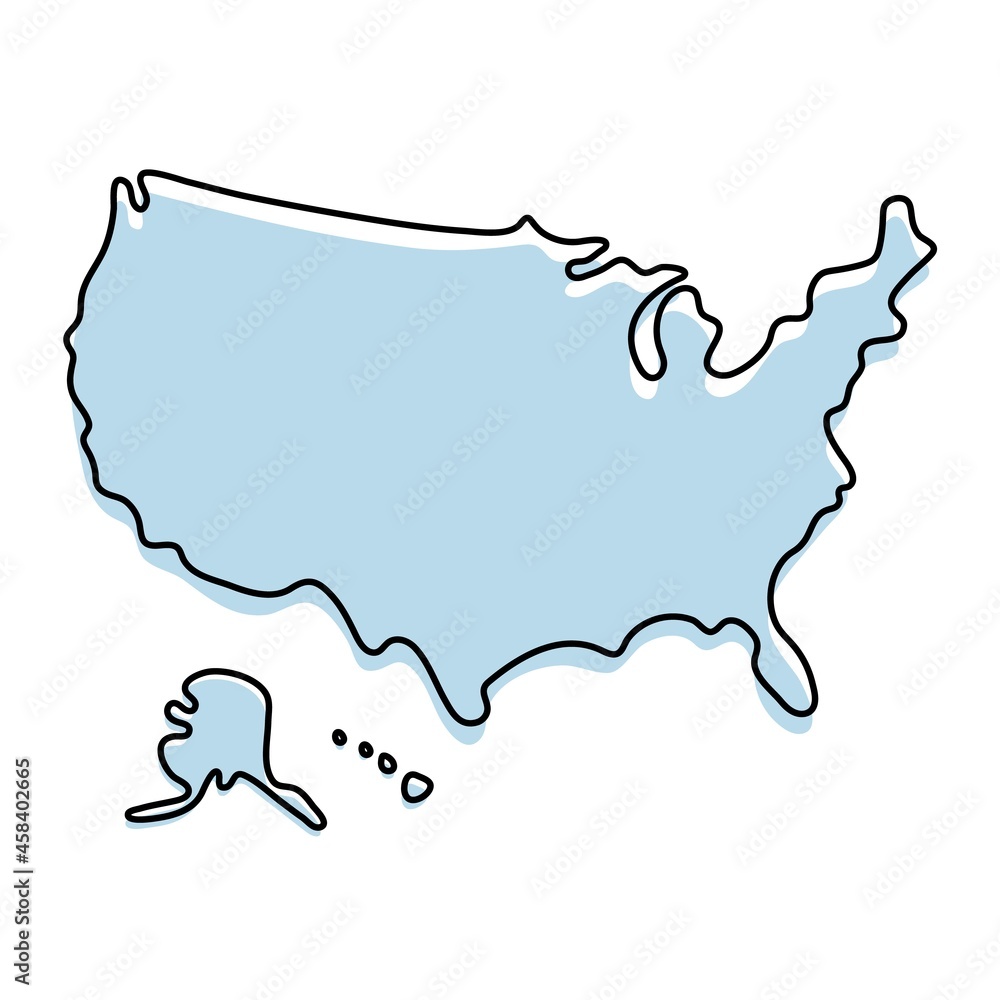 Stylized simple outline map of USA icon. Blue sketch map of America ...