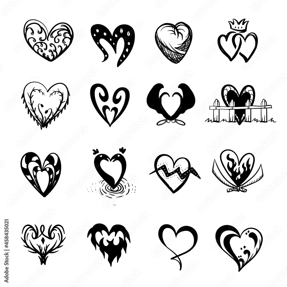 Hand drawn heart symbols doodle vector. Set of hand drawn, sketch ...