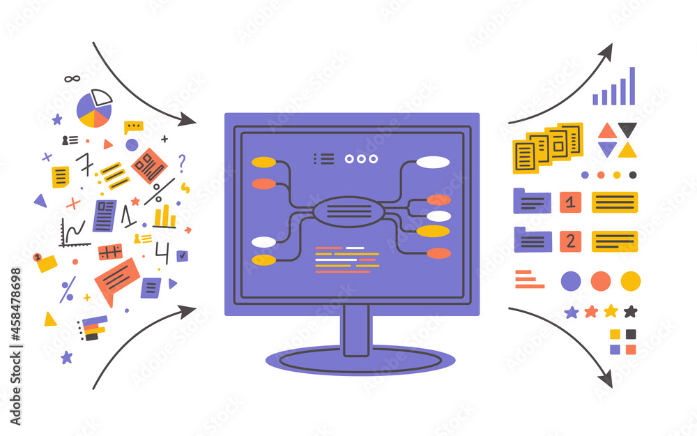 Vektor Data analysis, database visualization. Monitor of big computer showing process of sorting ...