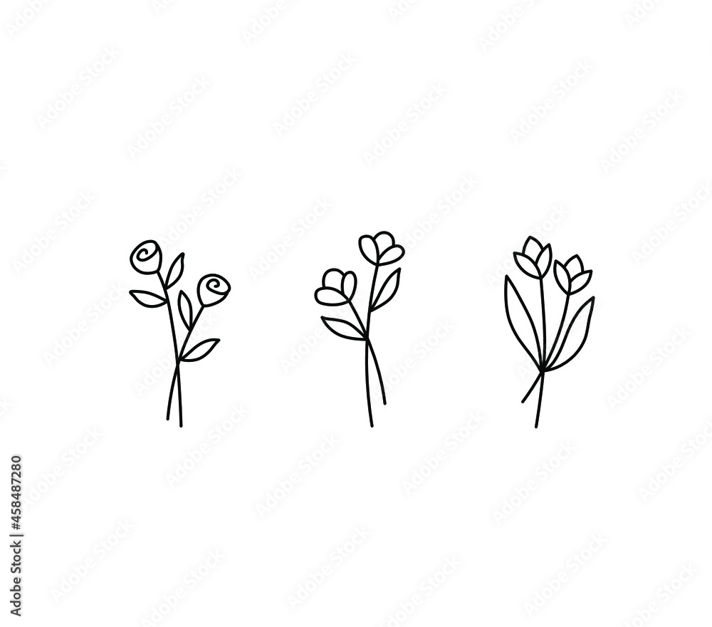 Vector isolated tiny flower set. Small simple flowers line drawing ...