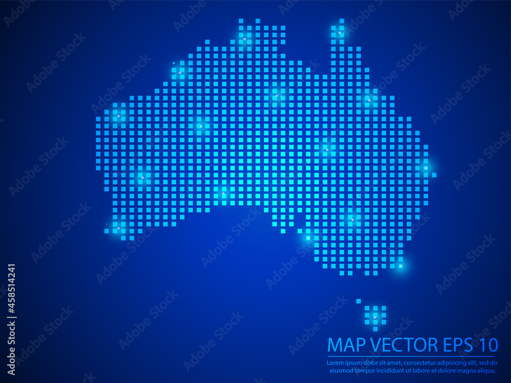 Pixel mosaic glow blue dot map with light on blue background of map of ...