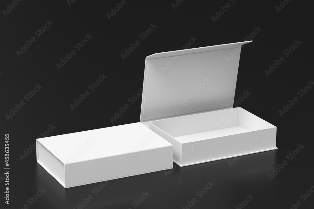 White opened and closed rectangle folding gift box mock up on black ...