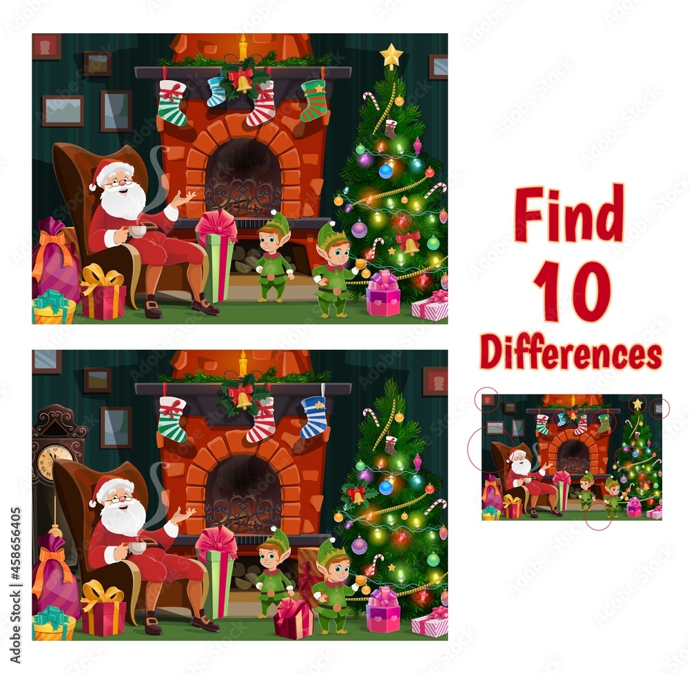 Christmas find ten differences game with Santa and elfs. Kids searching ...