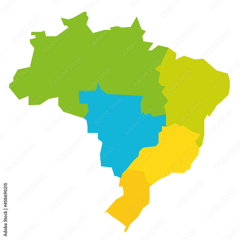Colorful political map of Brazil. States divide by color into 5 regions ...