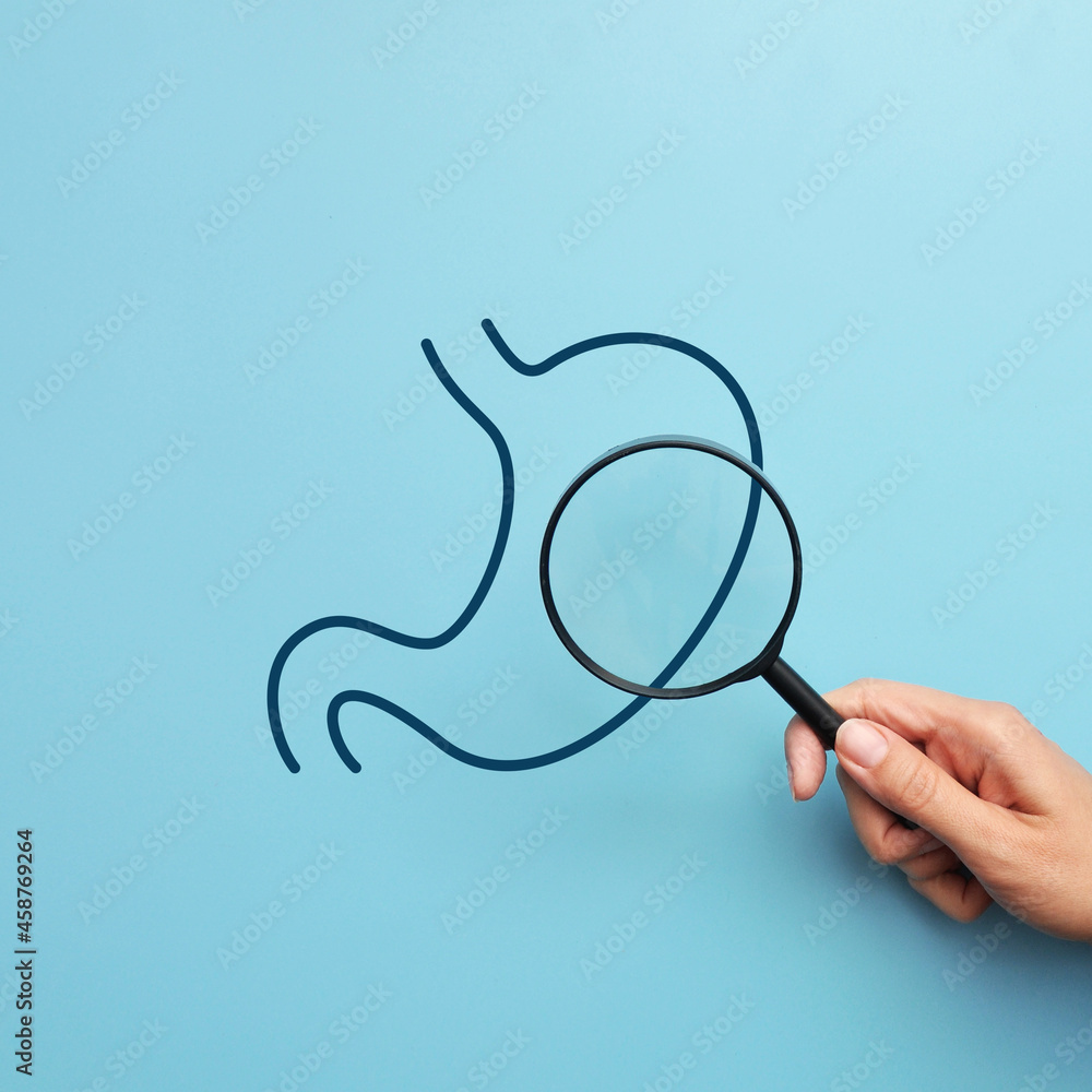 The silhouette of the stomach and hands with a magnifying glass. Symbol ...