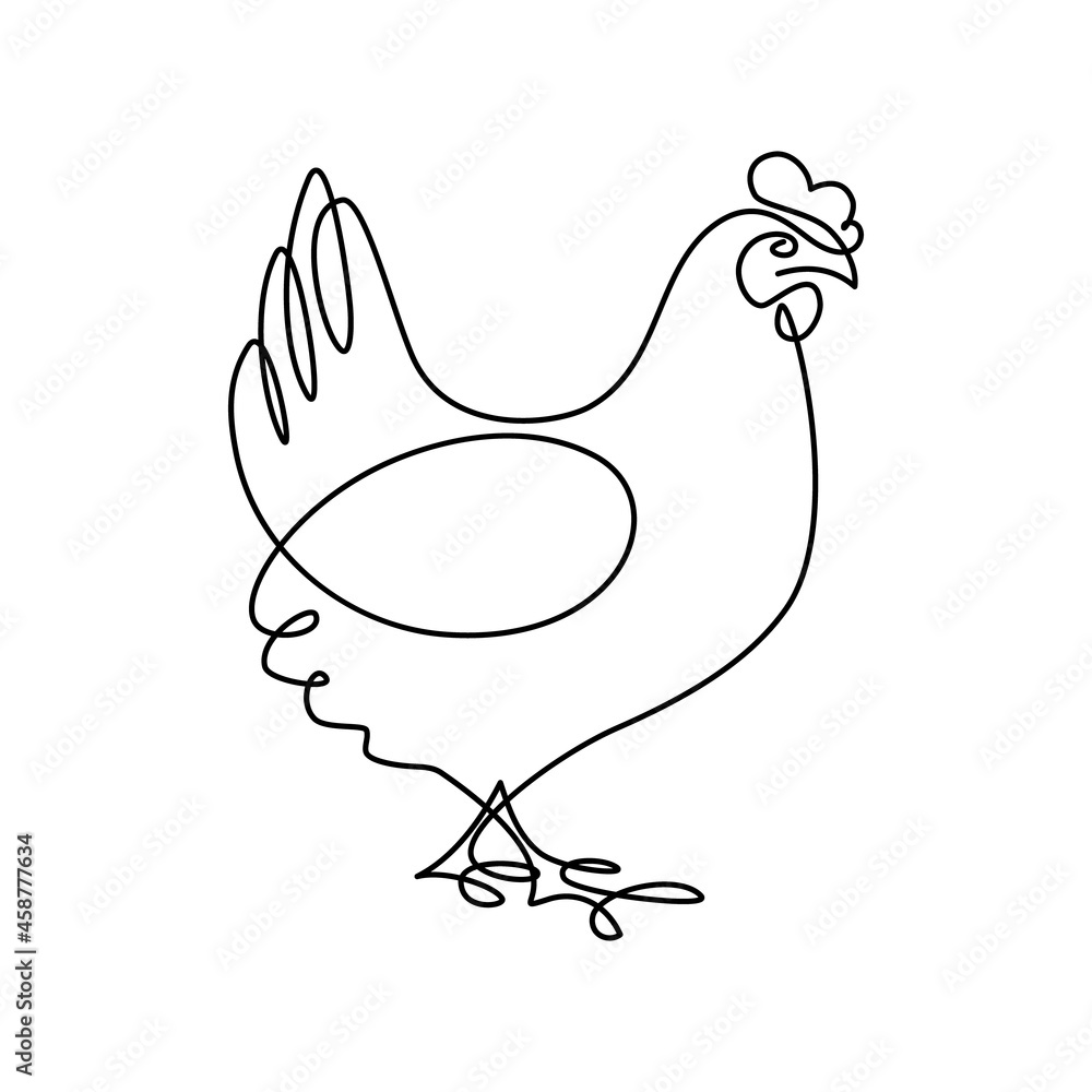 Hen in continuous line art drawing style. Chicken minimalist black ...