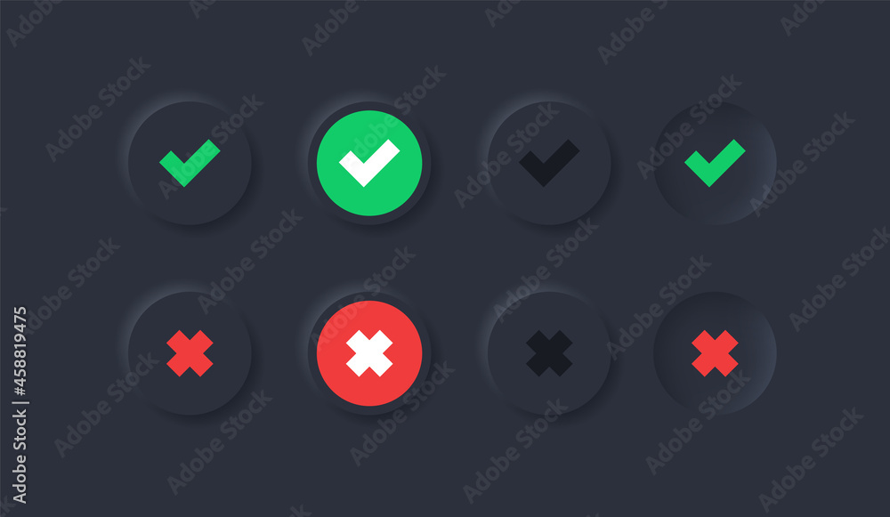 checkmark icon button in black neumorphism buttons - green tick and red ...
