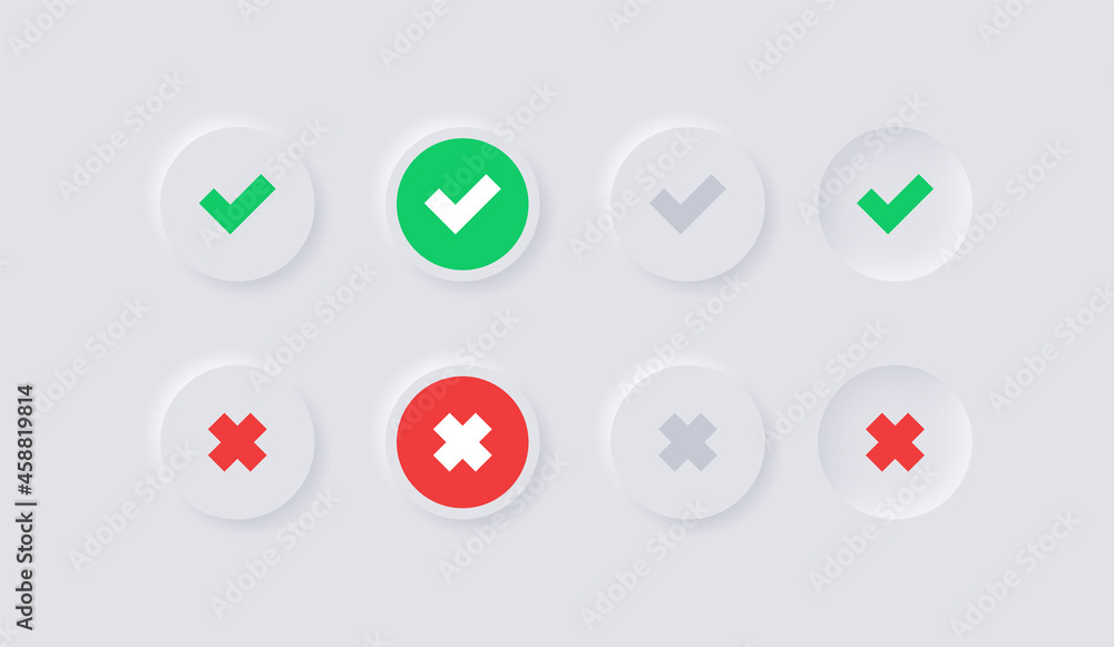 checkmark icon button in white neumorphism buttons - green tick and red ...