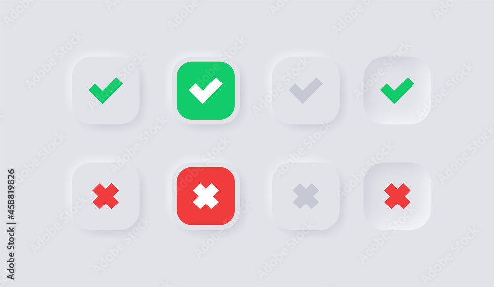 checkmark icon button in white neumorphism buttons - green tick and red ...