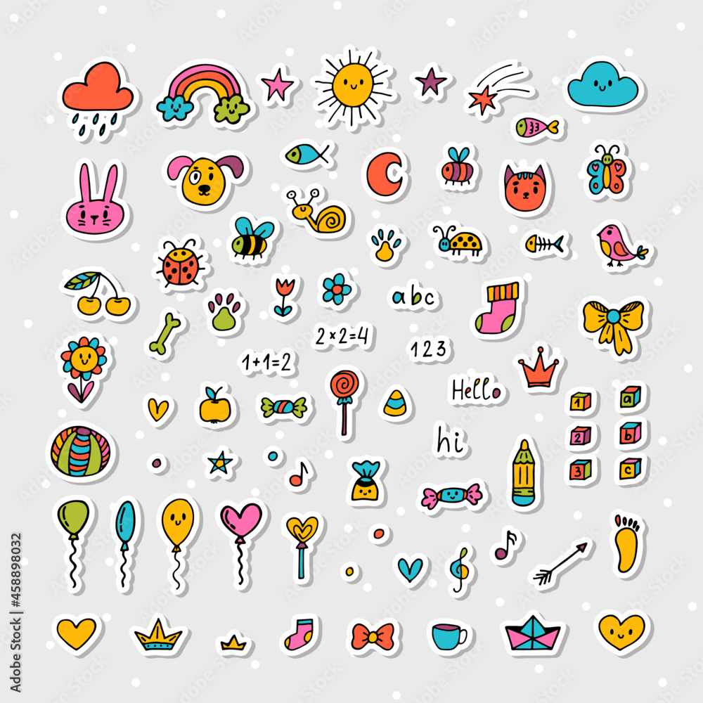 Collection of hand drawn stickers. Set of doodle design elements. Cute ...