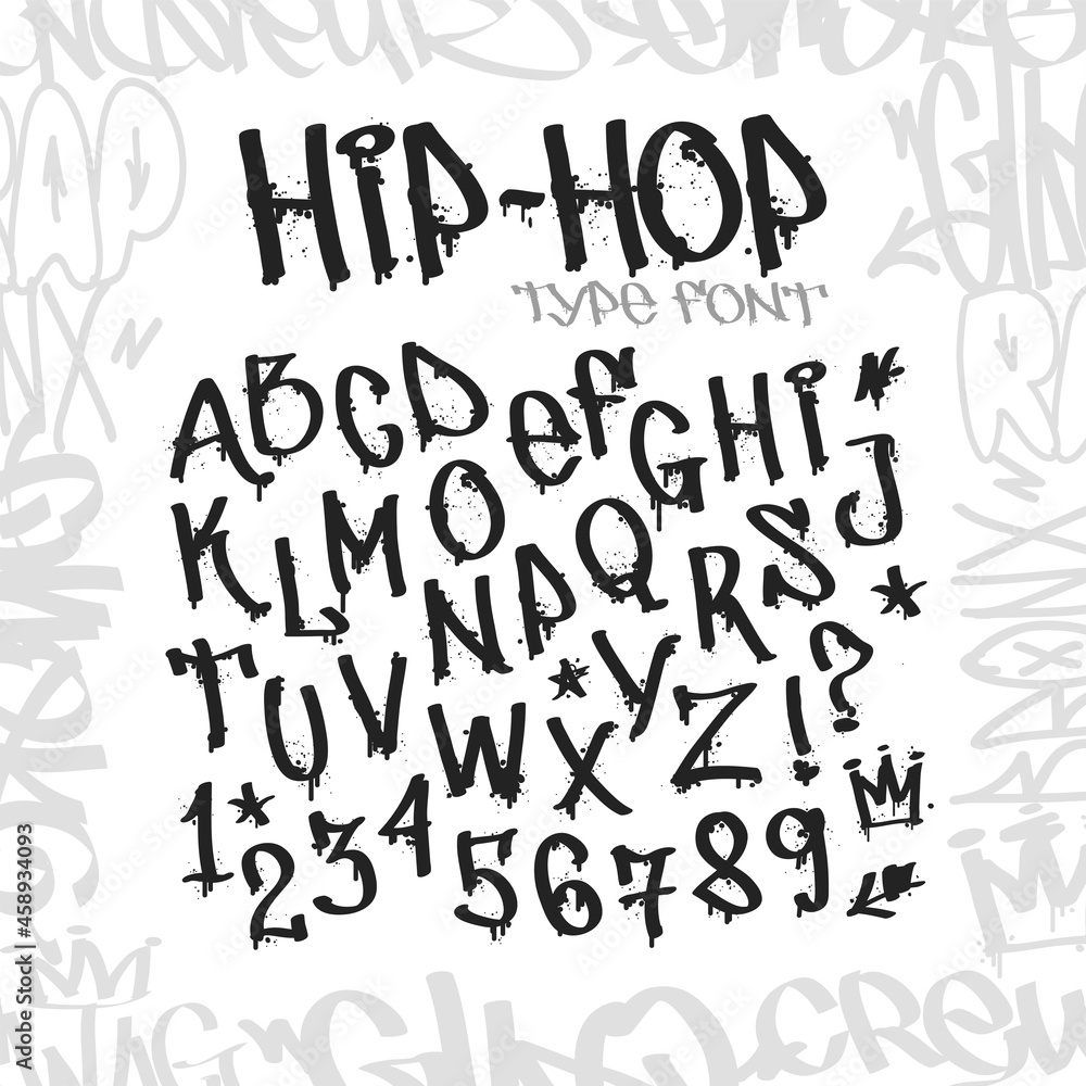 Hip-Hop Graffiti type font with street art doodle style elements ...