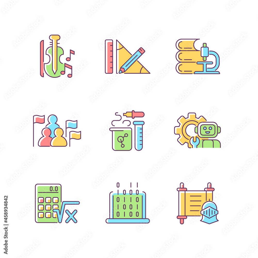 Different types of school subjects RGB color icons set. Scientific ...