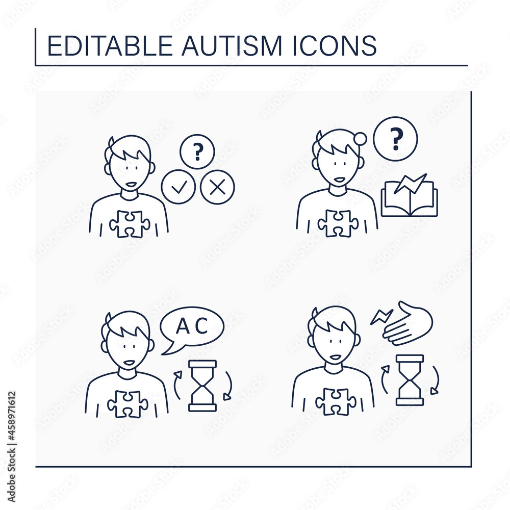Autism spectrum disorder line icons set. Socially awkward, learning ...