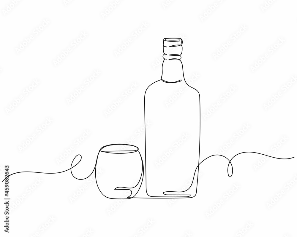 Continuous one line drawing of scotch whisky of bottle and glasses in ...