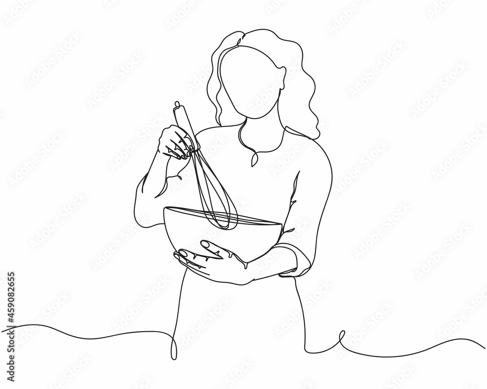 Continuous one line drawing of woman chef cooking in silhouette on a ...