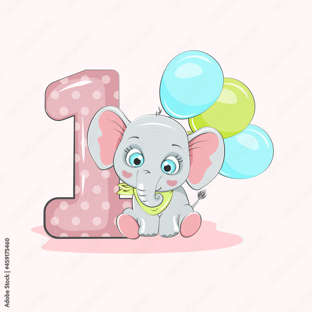 cute baby elephant with number one and baloons for first month or first ...
