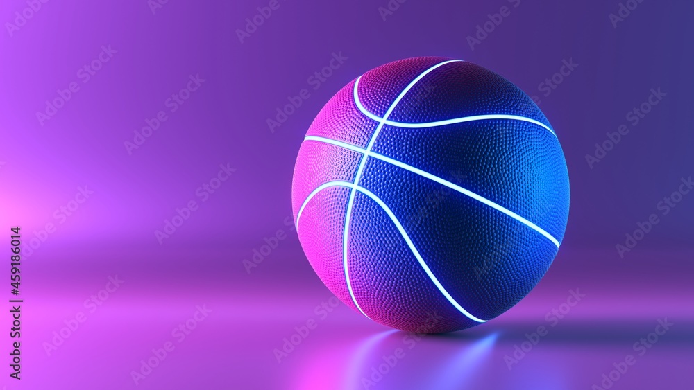 Basketball ball with glowing lines on colorful blue and pink neon light ...