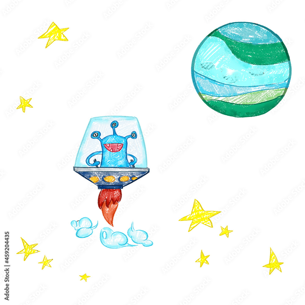 Alien Pilots Travel in Space Riding UFO Spaceships and Rockets Stock ...