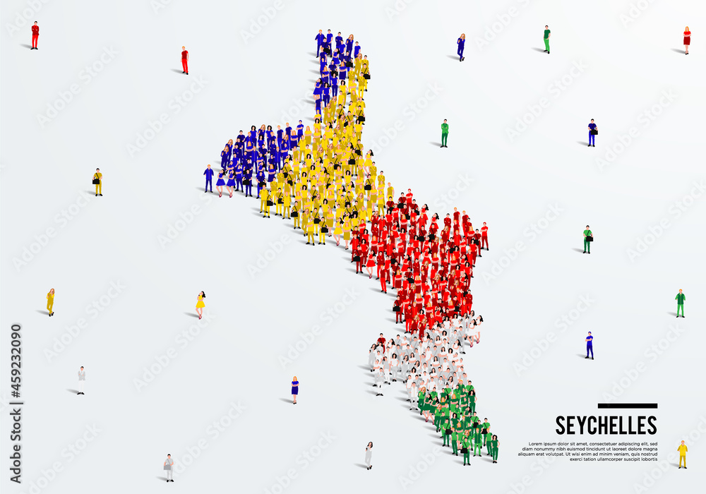 Seychelles Map and Flag. A large group of people in the Seychelles flag color form to create the ...