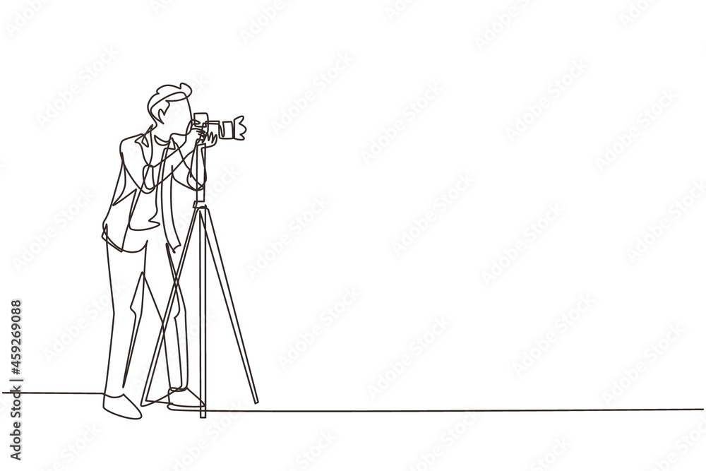 Single continuous line drawing professional photographer with camera ...