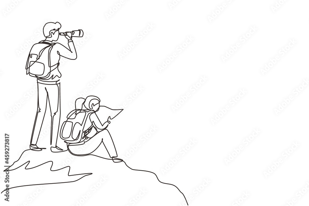 Continuous one line drawing couple hikers man woman with backpacks ...