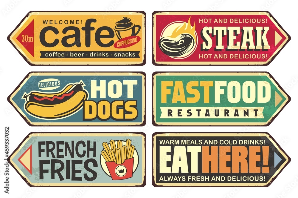 Food, cafe bar and restaurant signs collection. Steak, hot dogs, fast ...