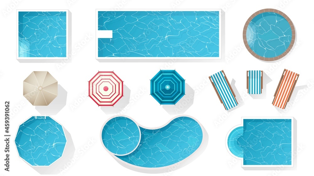 Swimming pools and outdoor furniture top view for design. Set of forms ...