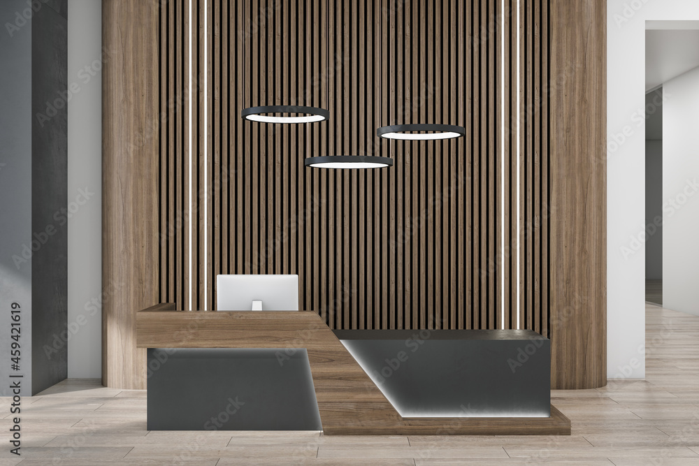 Minimalistic wooden and concrete office interior lobby with reception ...
