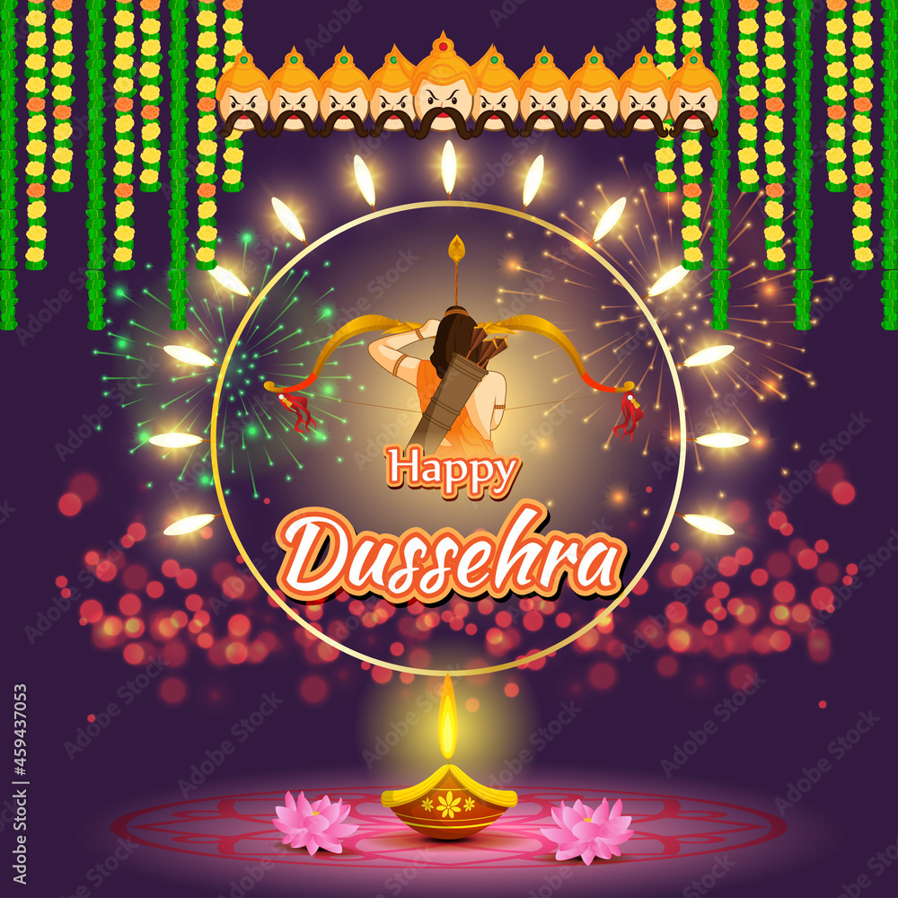 Vector illustration of Happy Dussehra greeting, written Hindi text ...