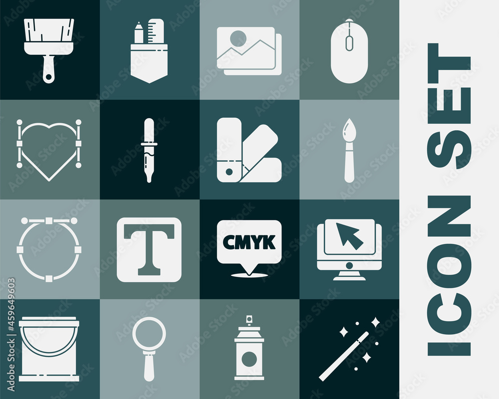 Set Magic wand, Computer monitor cursor, Paint brush, Picture landscape, Pipette, Heart with ...