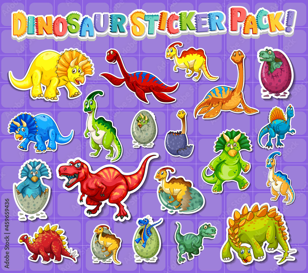 Sticker set with different types of dinosaurs cartoon characters Stock ...