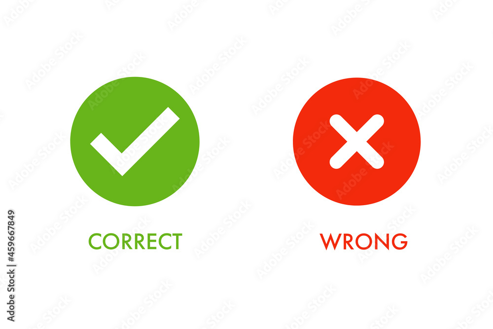 Green tick symbol and red cross sign in circle. Icons for evaluation ...