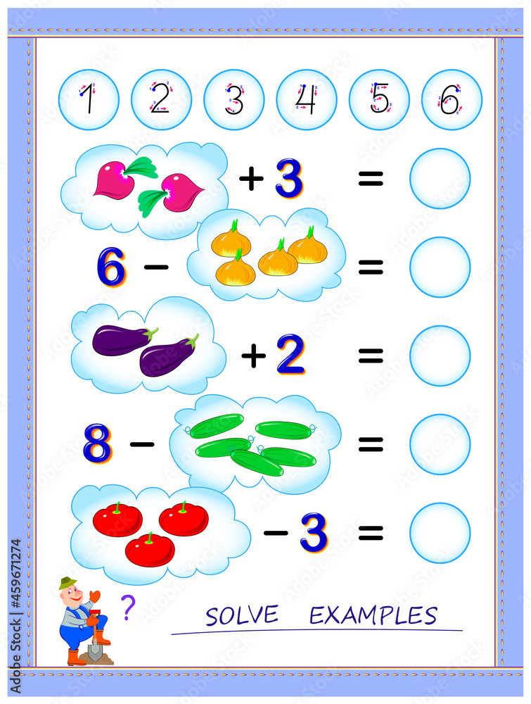 Educational page for little children on addition and subtraction. Solve ...