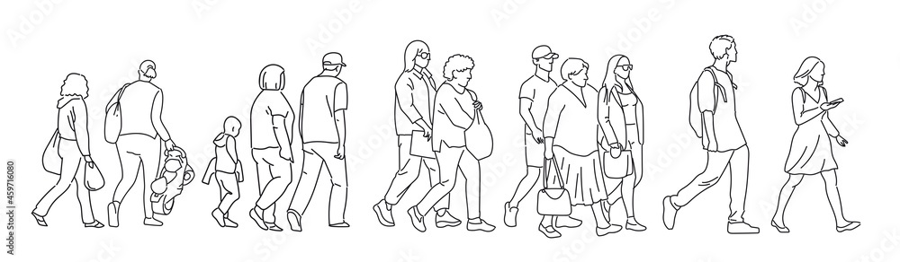 One line drawing of urban residents walking on city street. Group of ...