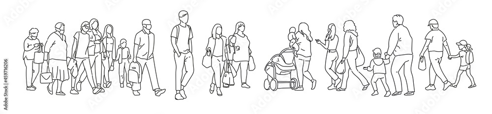 One line drawing of urban residents walking on city street. Group of ...