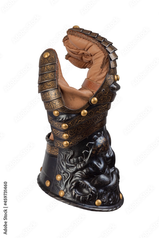 Medieval knightly brown plate gauntlet from Italian armor, in the form ...